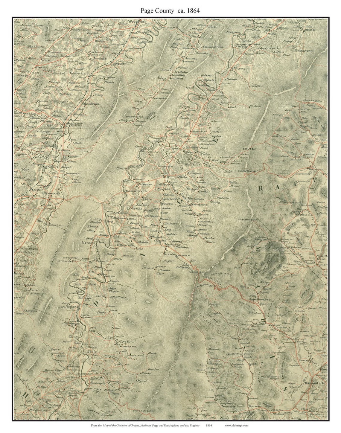 Page County 1864 Old Map With Homeowner Names Virginia Wall Map Extract ...