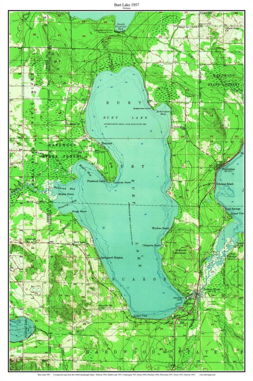 Burt Lake - 1957 Map Print - Manistee County Michigan - Old Topographic ...