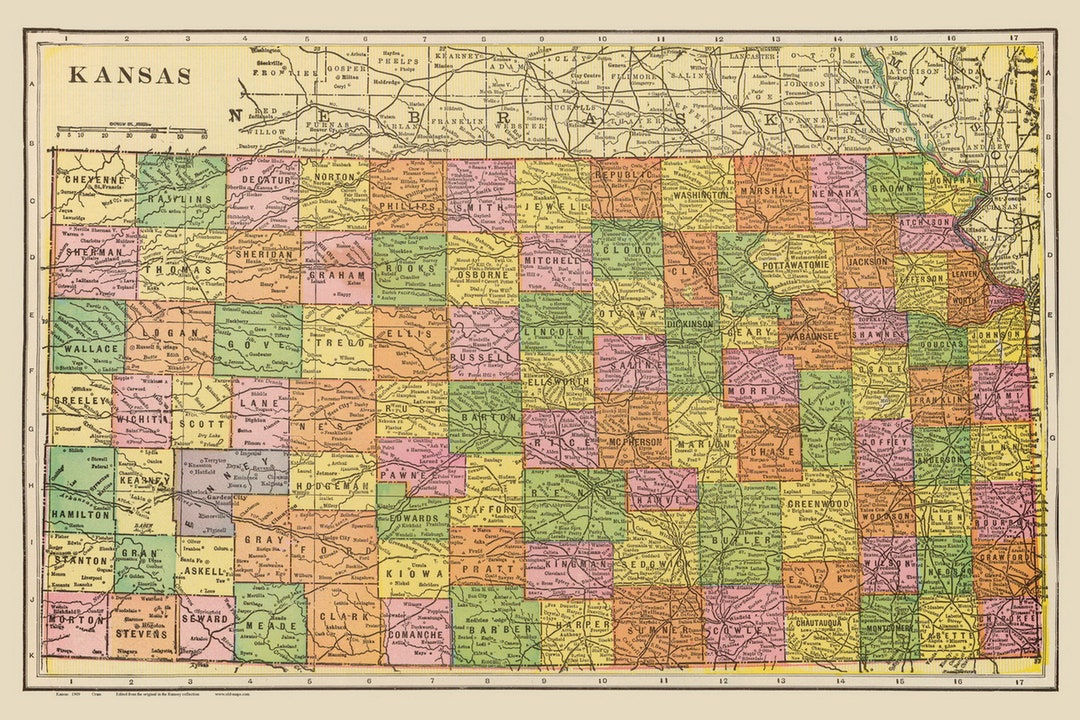 Kansas 1909 - State Map Cram - Old Map Reprint - Etsy