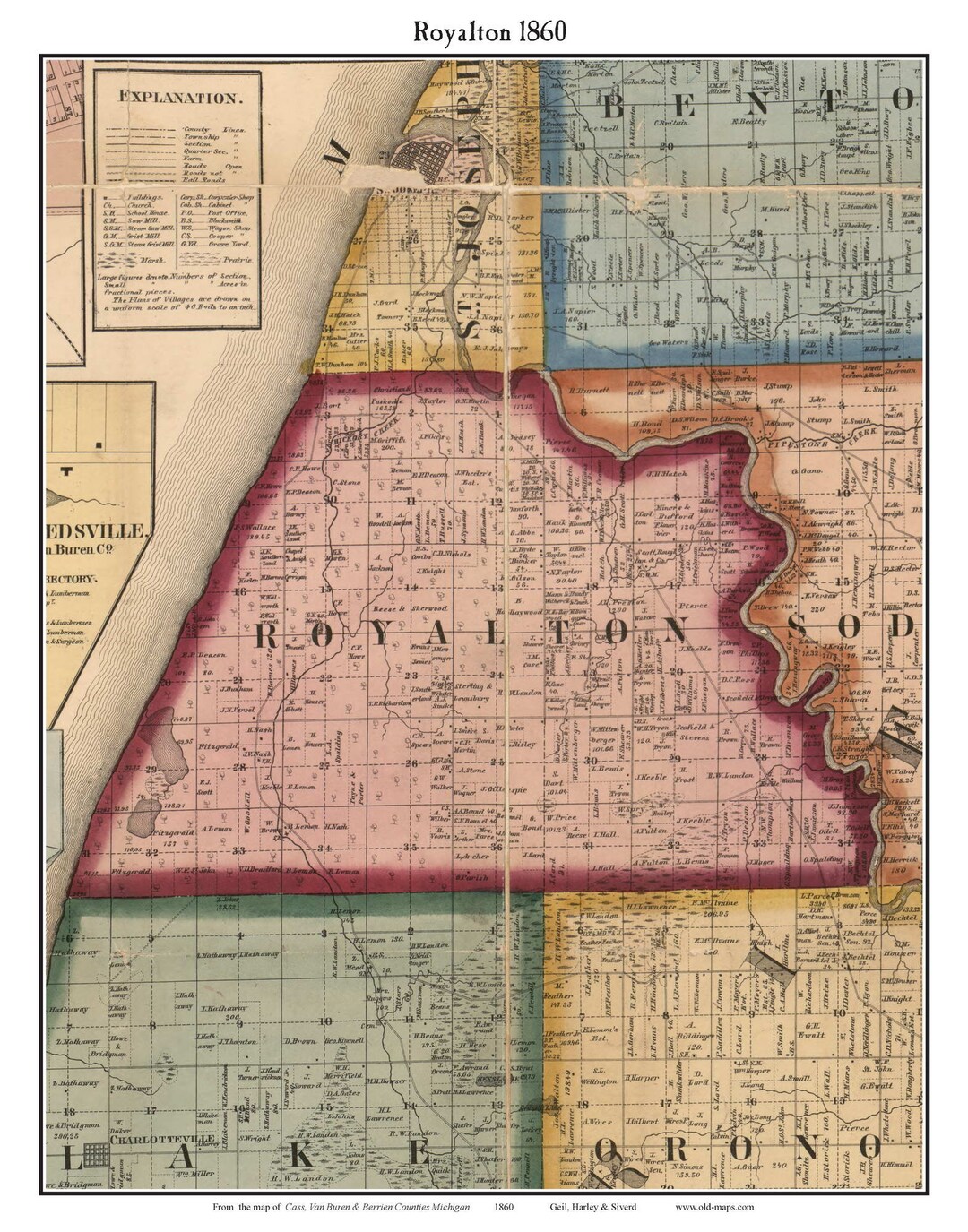 Royalton 1860 Old Town Map With Homeowner Names Michigan - Reprint ...