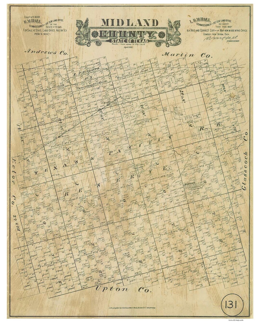 Midland County, Texas - 1888 - Old Wall Map Reprint With Land Owners ...