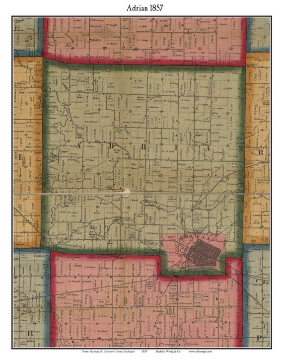Adrian 1857 Old Town Map With Homeowner Names Michigan - Etsy