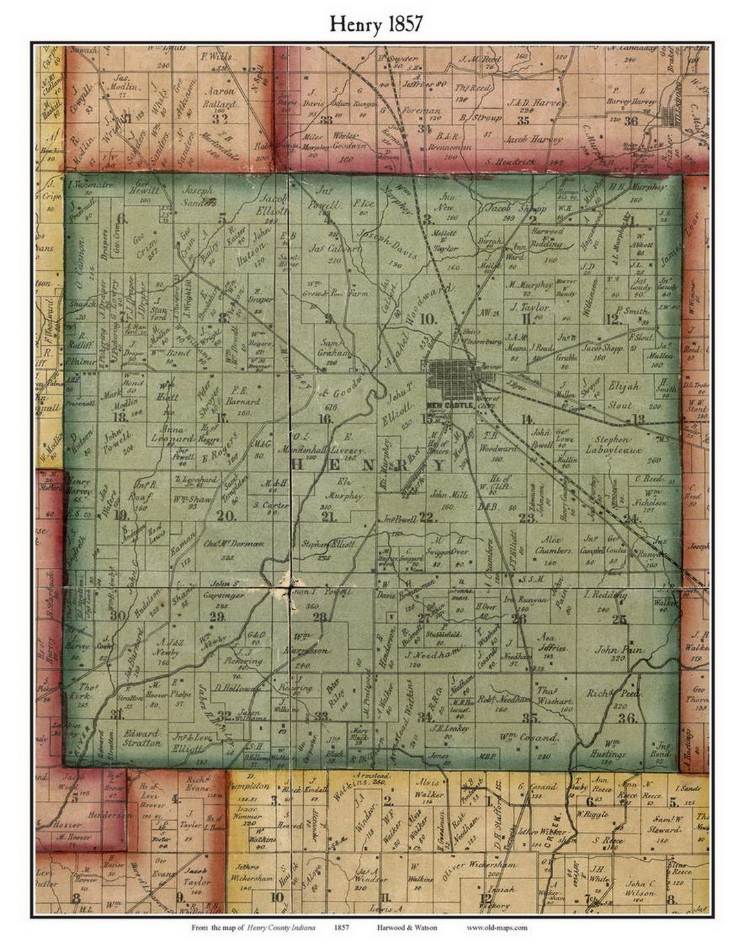 Henry 1857 Old Town Map With Homeowner Names Indiana New Castle ...