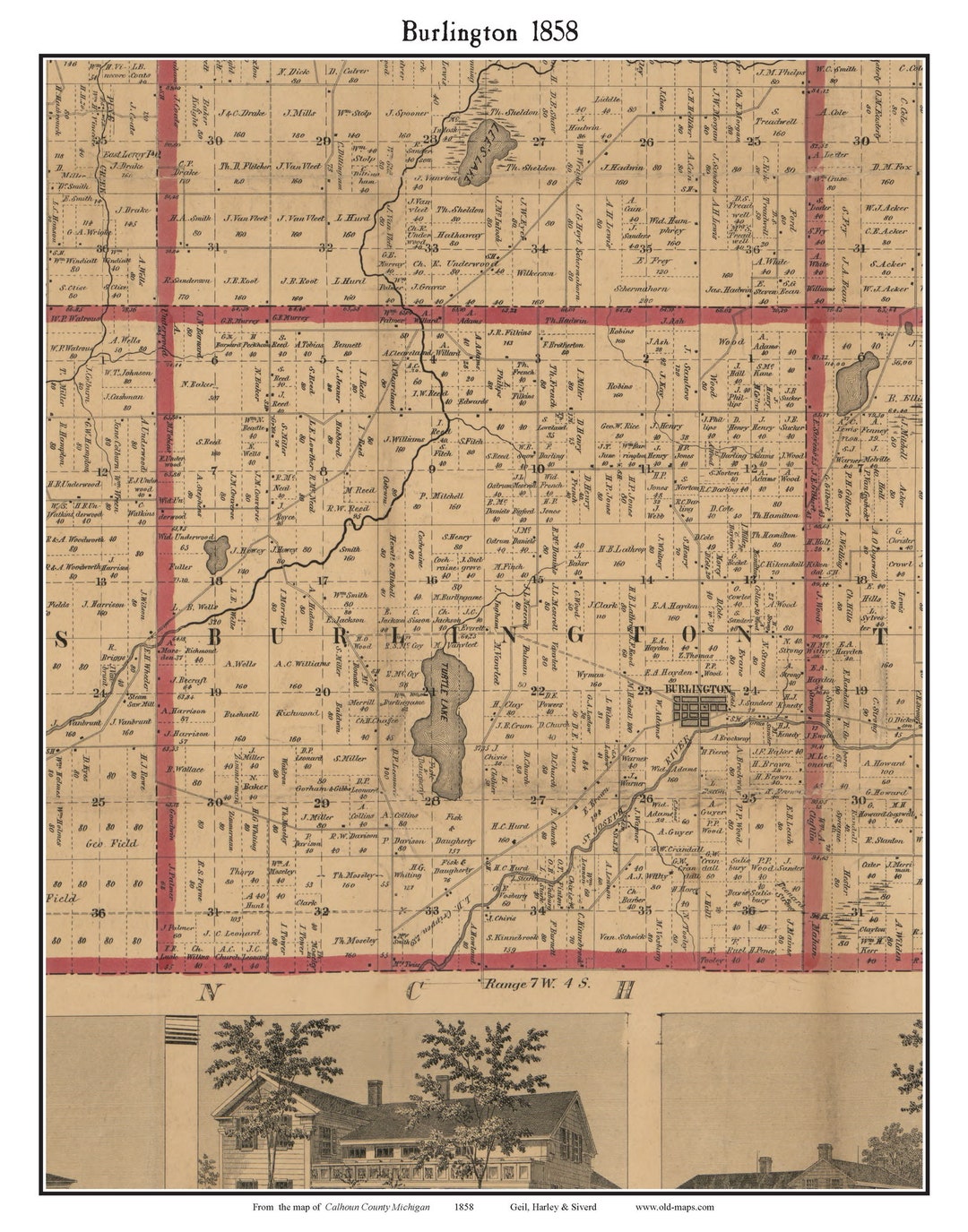 Burlington 1858 Old Town Map With Homeowner Names - Turtle Lake ...