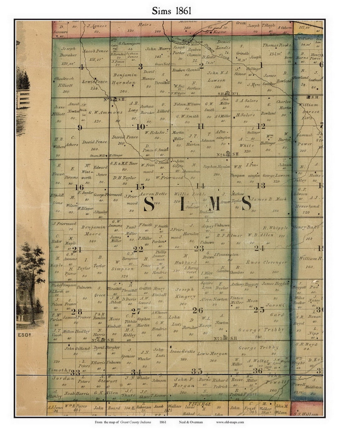 Sims 1861 Old Town Map With Homeowner Names Indiana - Reprint Genealogy ...