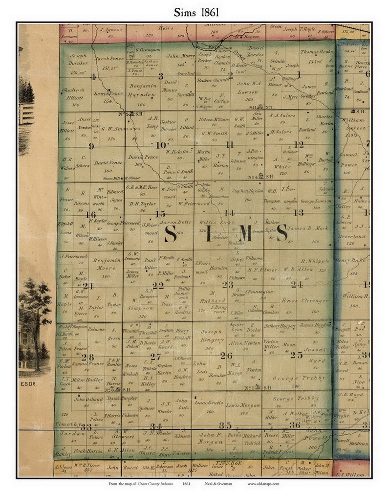 Sims 1861 Old Town Map With Homeowner Names Indiana - Reprint Genealogy ...