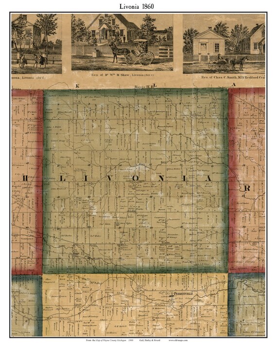 Livonia 1860 Old Town Map With Homeowner Names Michigan - Etsy