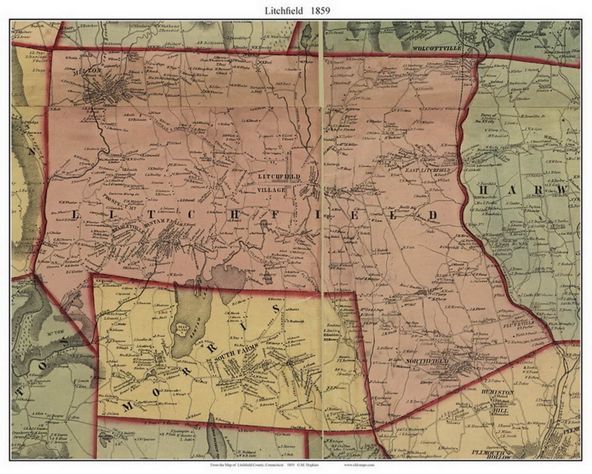 Litchfield 1859 Old Town Map With Homeowner Names Connecticut Reprint ...