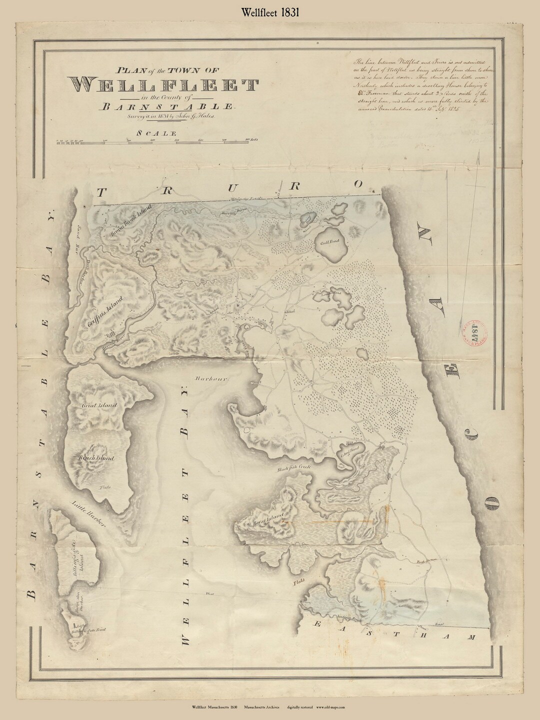 Wellfleet 1831 Town Plan - Old Roads Map Reprint RESTORED Massachusetts ...
