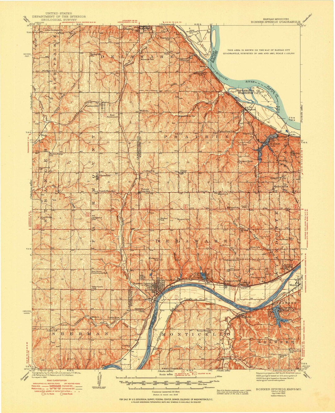Bonner Springs 1940 1950 Old Topo Map Missouri River Kansas River Quad ...