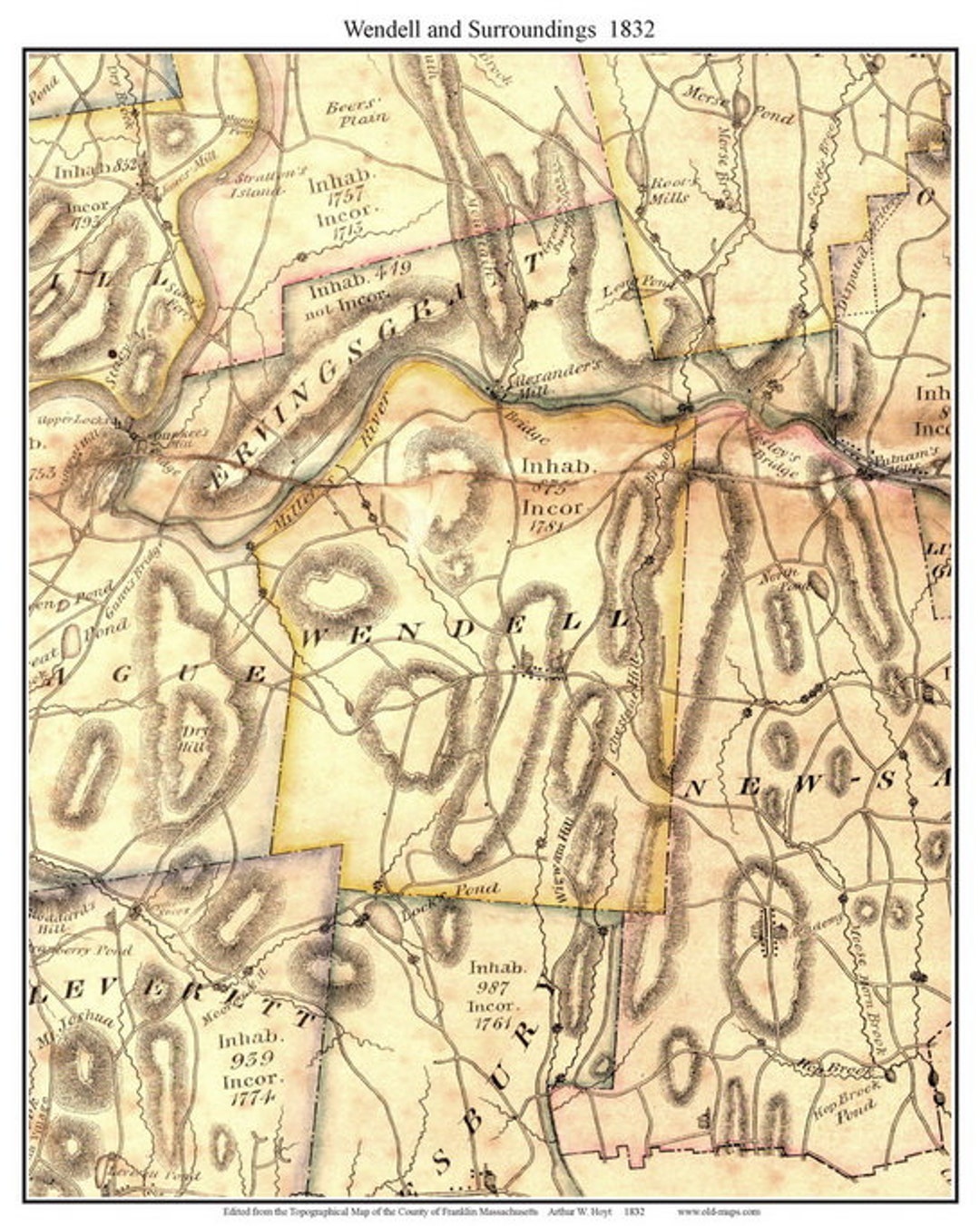 Wendell 1832 - Old Town Map Reprint - Franklin County, Massachusetts ...