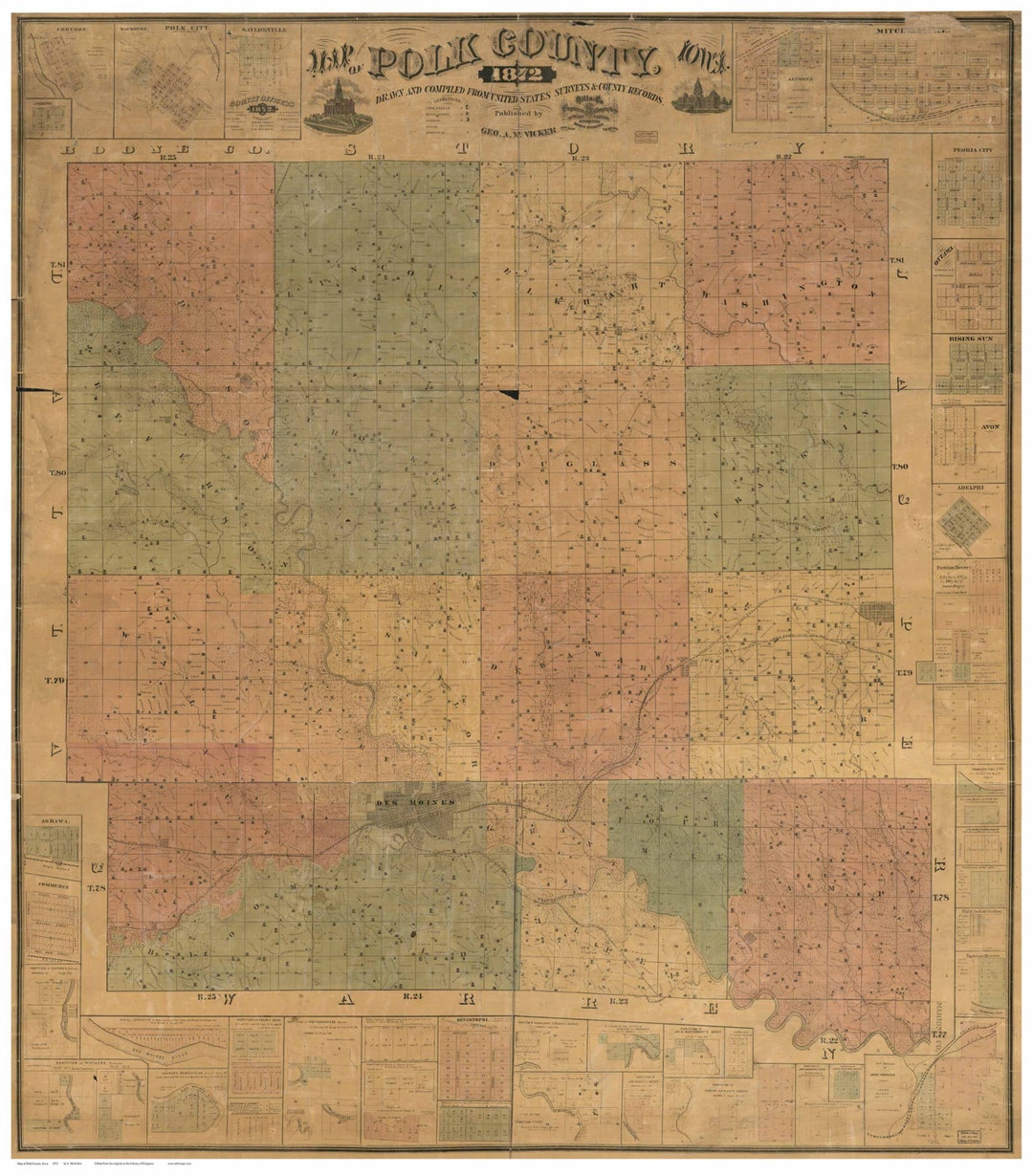 Polk County Iowa 1872 Old Wall Map With Landowner Names Farm Lines ...