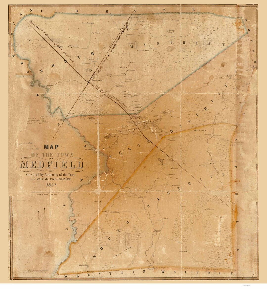 Medfield 1852 - Old Town Map - Homeowner Names - Genealogy - Norfolk ...