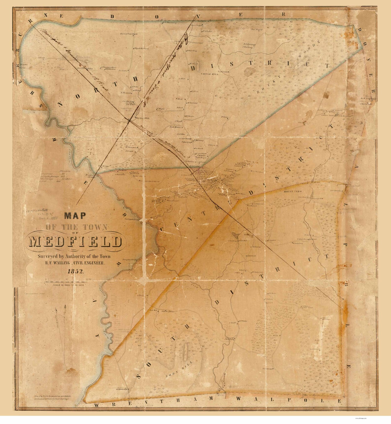 Medfield 1852 Old Town Map Homeowner Names Genealogy Norfolk County ...