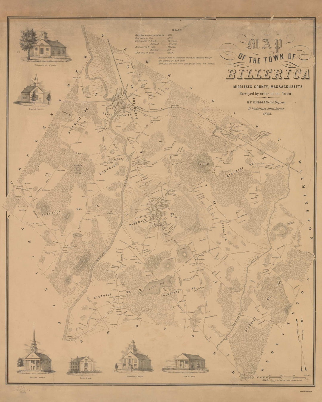 Billerica 1853 (BW) - Old Town Map - Homeowner Names Middlesex County ...