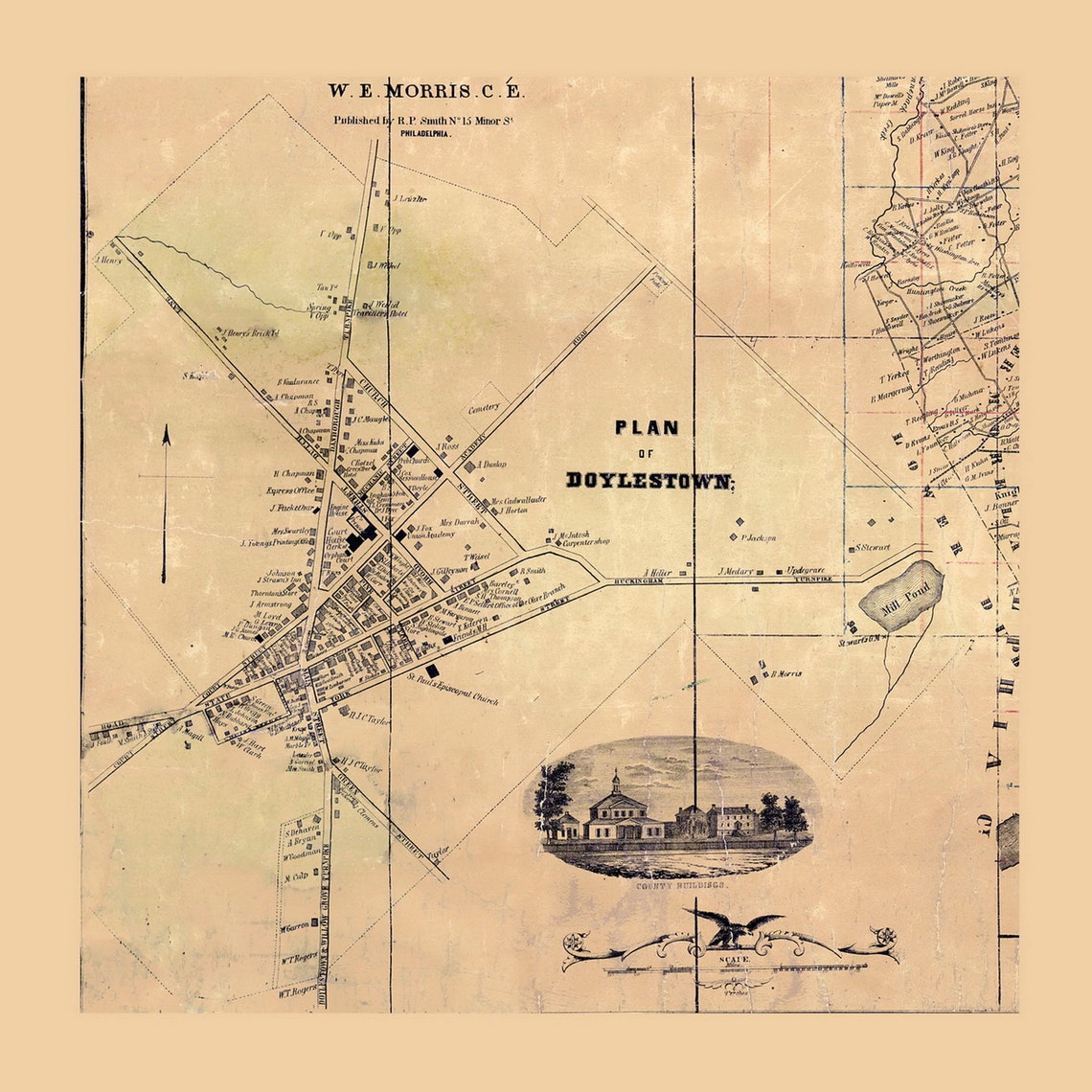 Doylestown Village 1850 Old Town Map With Homeowner Names - Etsy