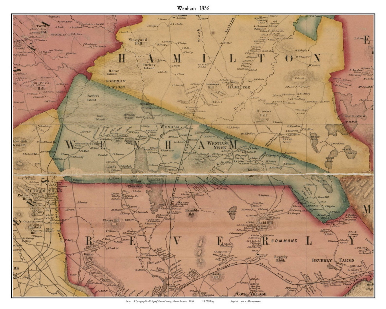 Wenham Massachusetts 1856 Old Town Map With Homeowner Names Reprint ...