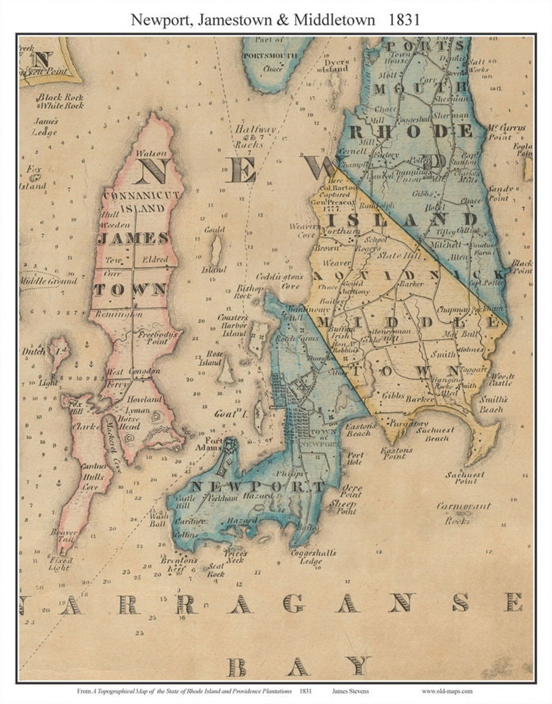 Newport 1831 Old Town Map Jamestown Middletown - Rhode Island Reprint ...