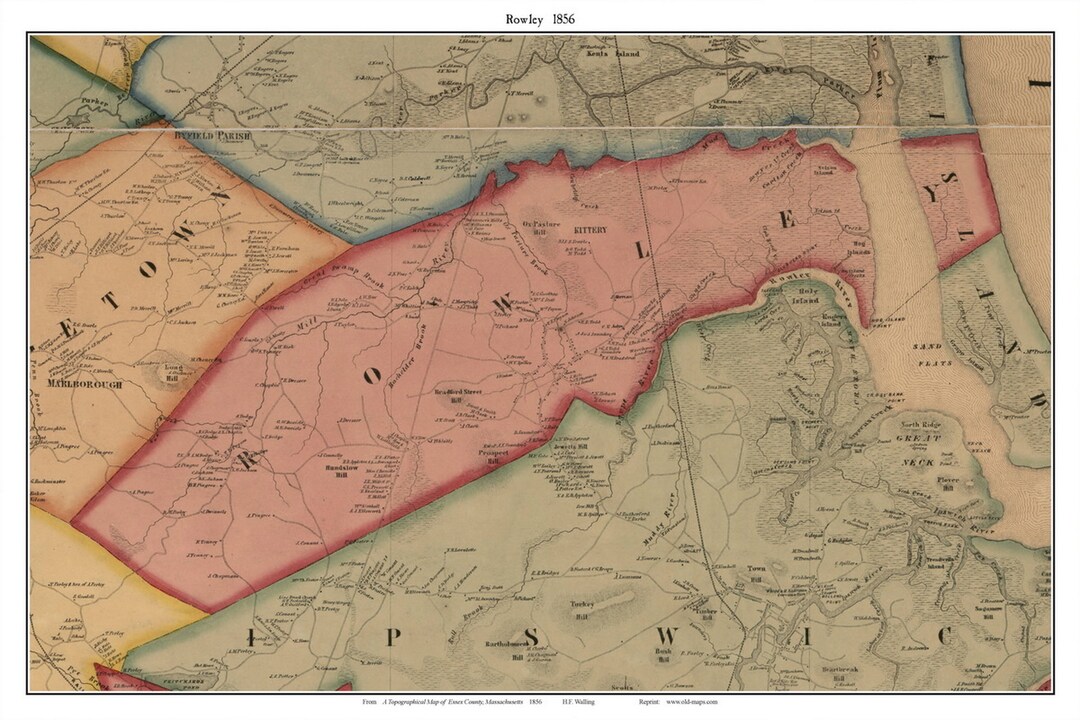 Rowley Massachusetts 1856 Old Town Map With Homeowner Names - Reprint ...