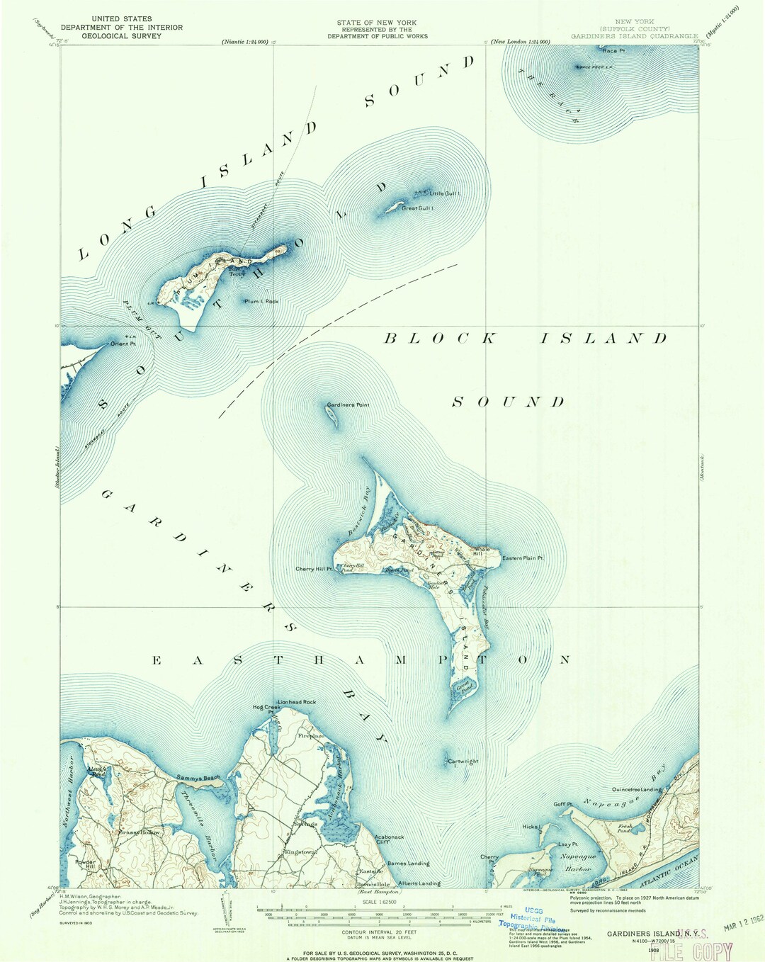 Gardiners Island 1903 1962 Old Topo Map Springs Plum Island Quad ...