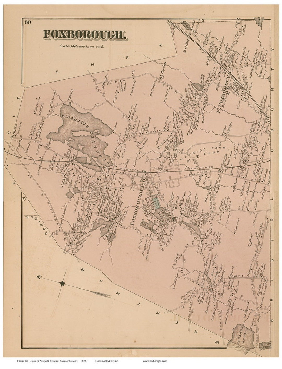 Foxborough - 1876 - Old Town Map Reprint - Norfolk County ...
