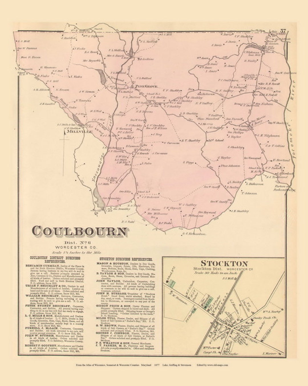 Coulbourn 1877 Old Town Map Stockton - Homeowner Names Worcester County ...