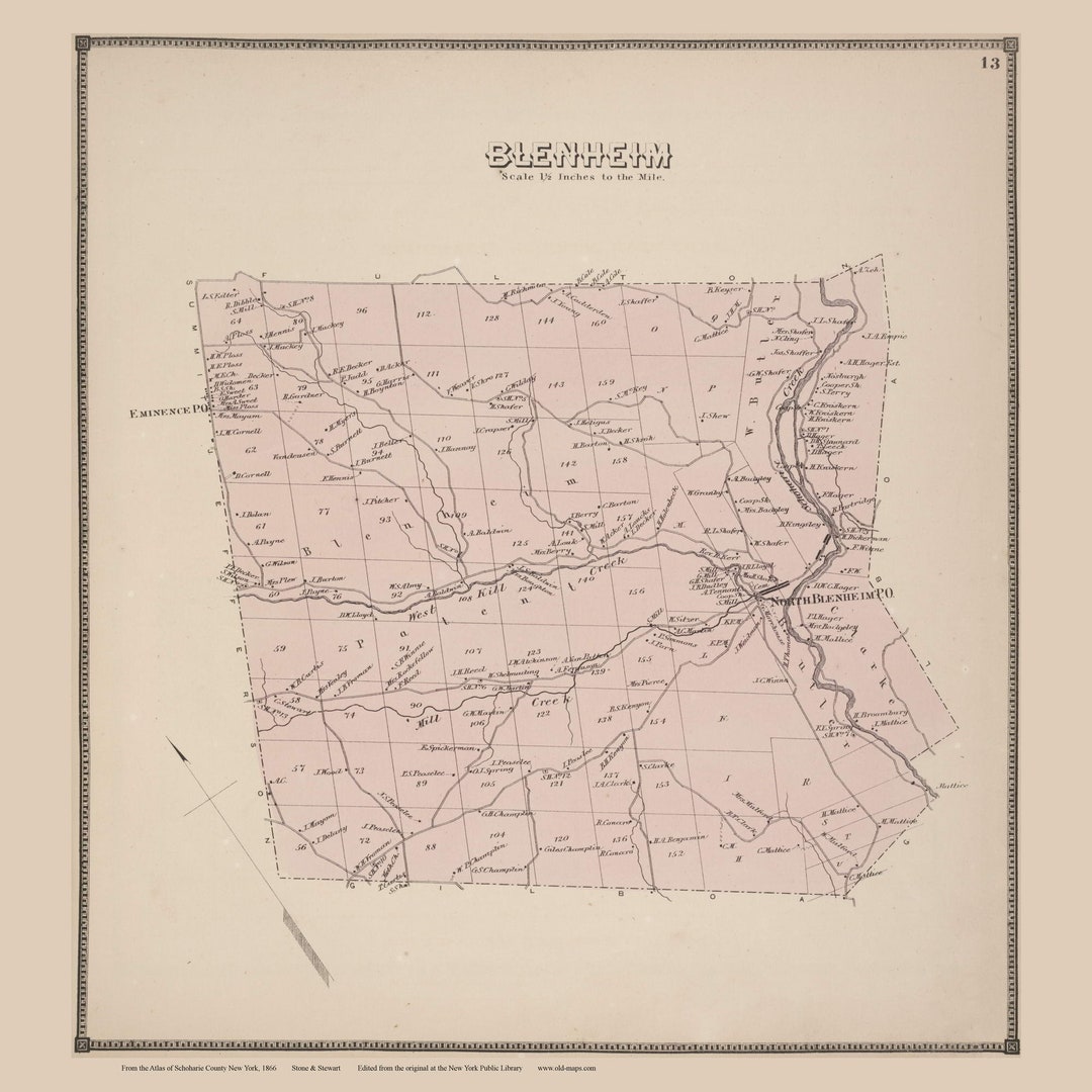 Blenheim 1866 Map Homeowner Names Reprint Schoharie Co Beers Atlas New ...