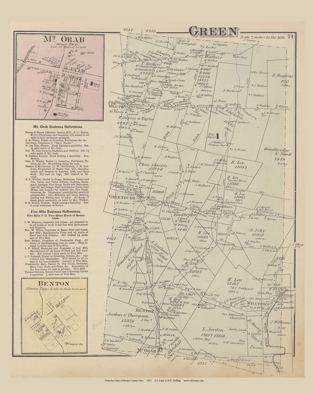 Green 1876 - Old Town Map Reprint - Mt Orab & Benton - Brown County ...