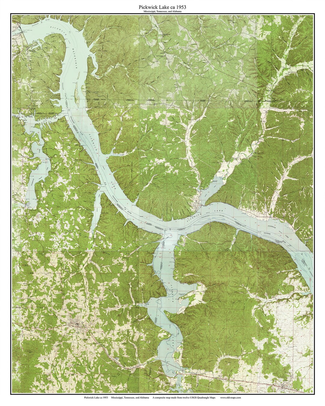 Pickwick Lake 1953 Old Topographic Map TN AL USGS Custom Composite 7x7 ...