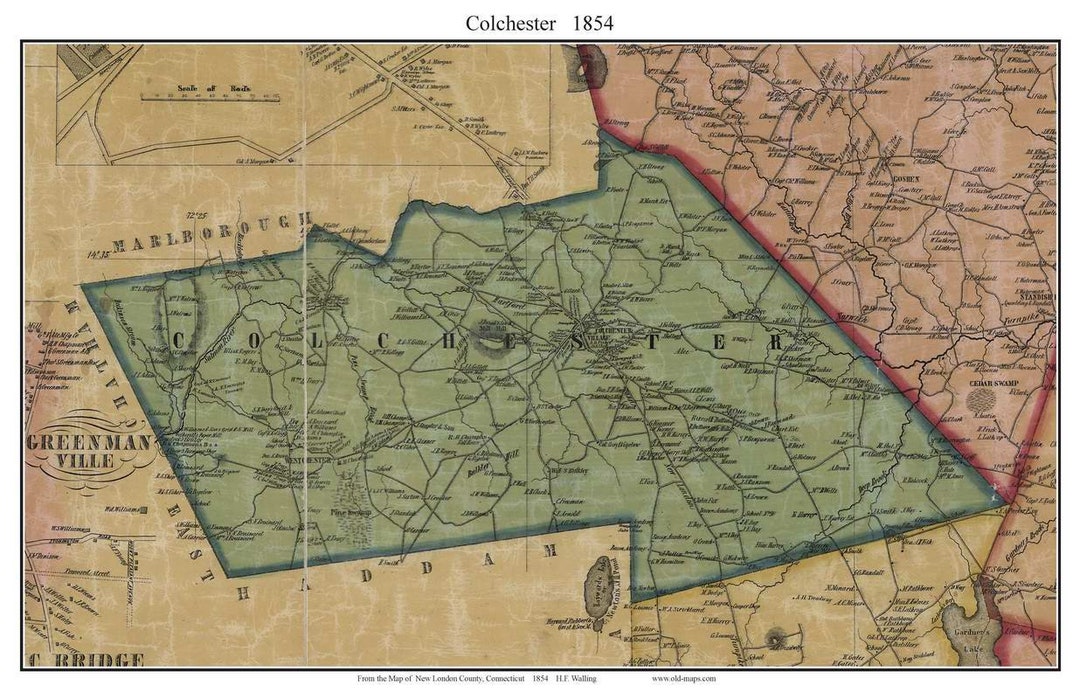 Colchester Connecticut 1854 Old Town Map With Homeowner Names - Reprint ...