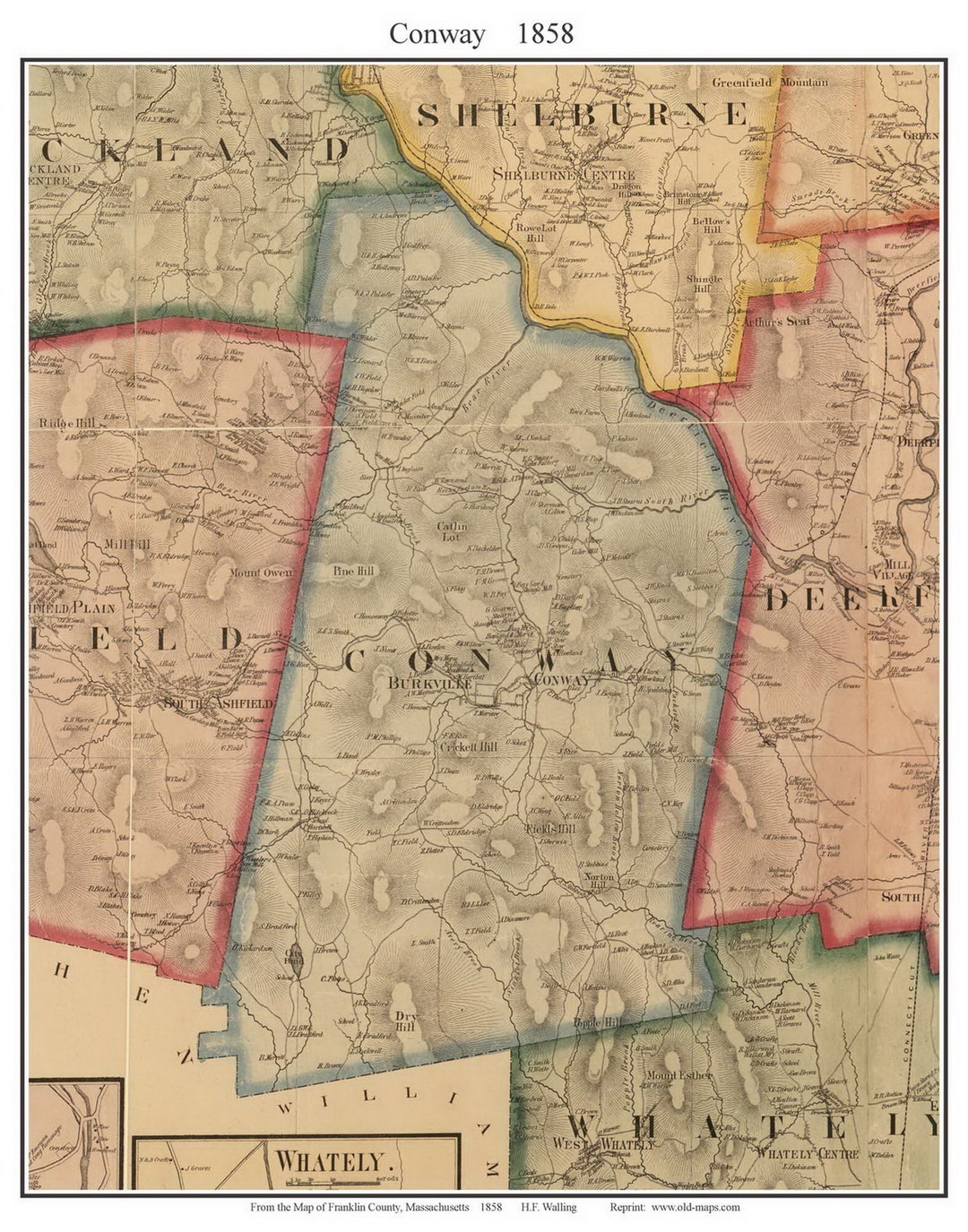 Conway 1858 Old Town Map With Homeowner Names -massachusetts Reprint ...