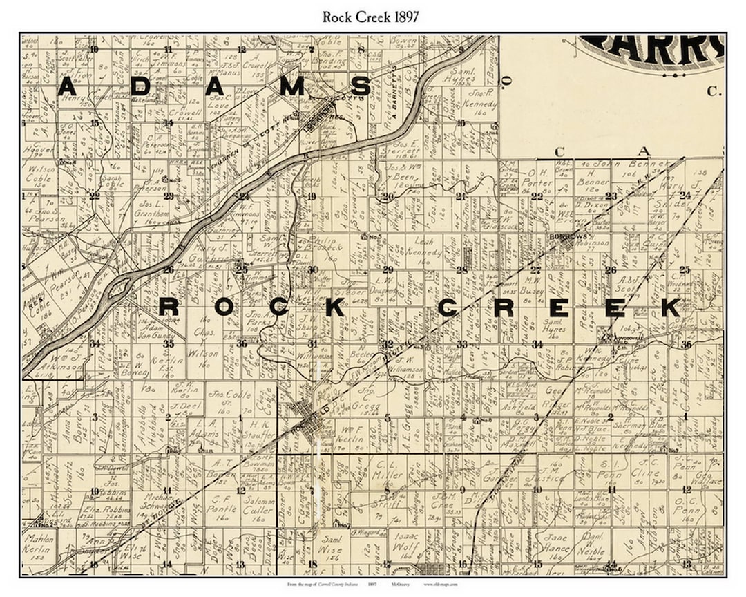 Rock Creek 1897 Old Town Map With Homeowner Names Indiana Burrows ...