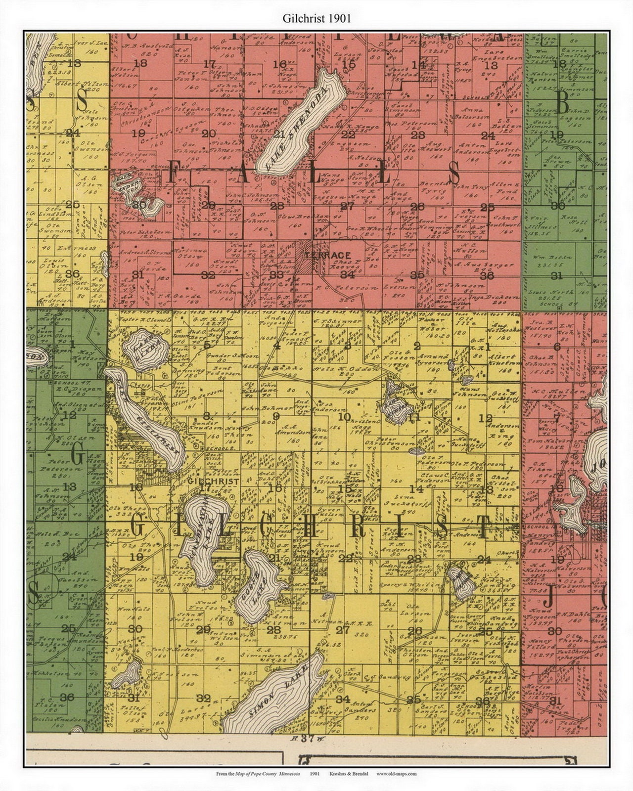 Gilchrist 1901 - Old Town Map With Homeowner Names Minnesota - Reprint ...