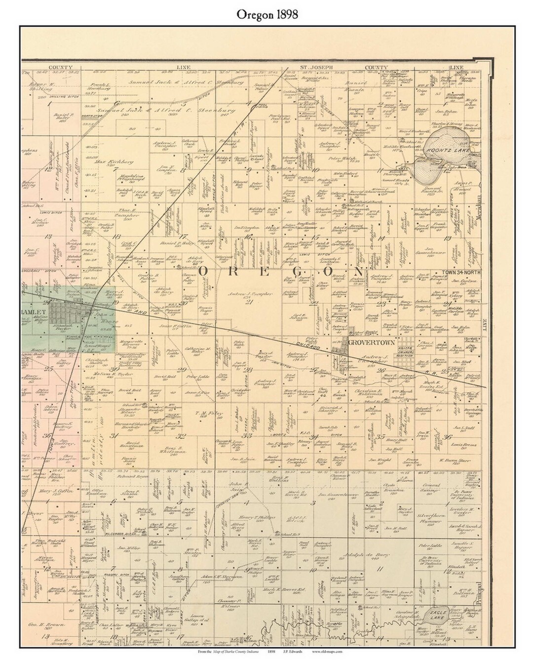 Oregon 1898 Old Town Map With Homeowner Names Indiana Grovertown Koontz ...