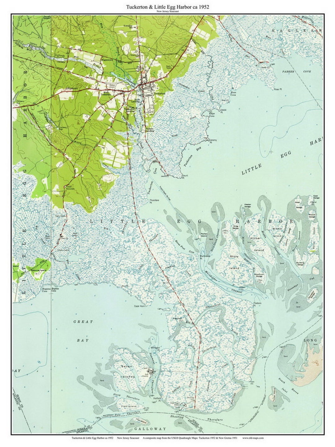 Tuckerton & Little Egg Harbor 1952 Old Topographic Map USGS Custom ...