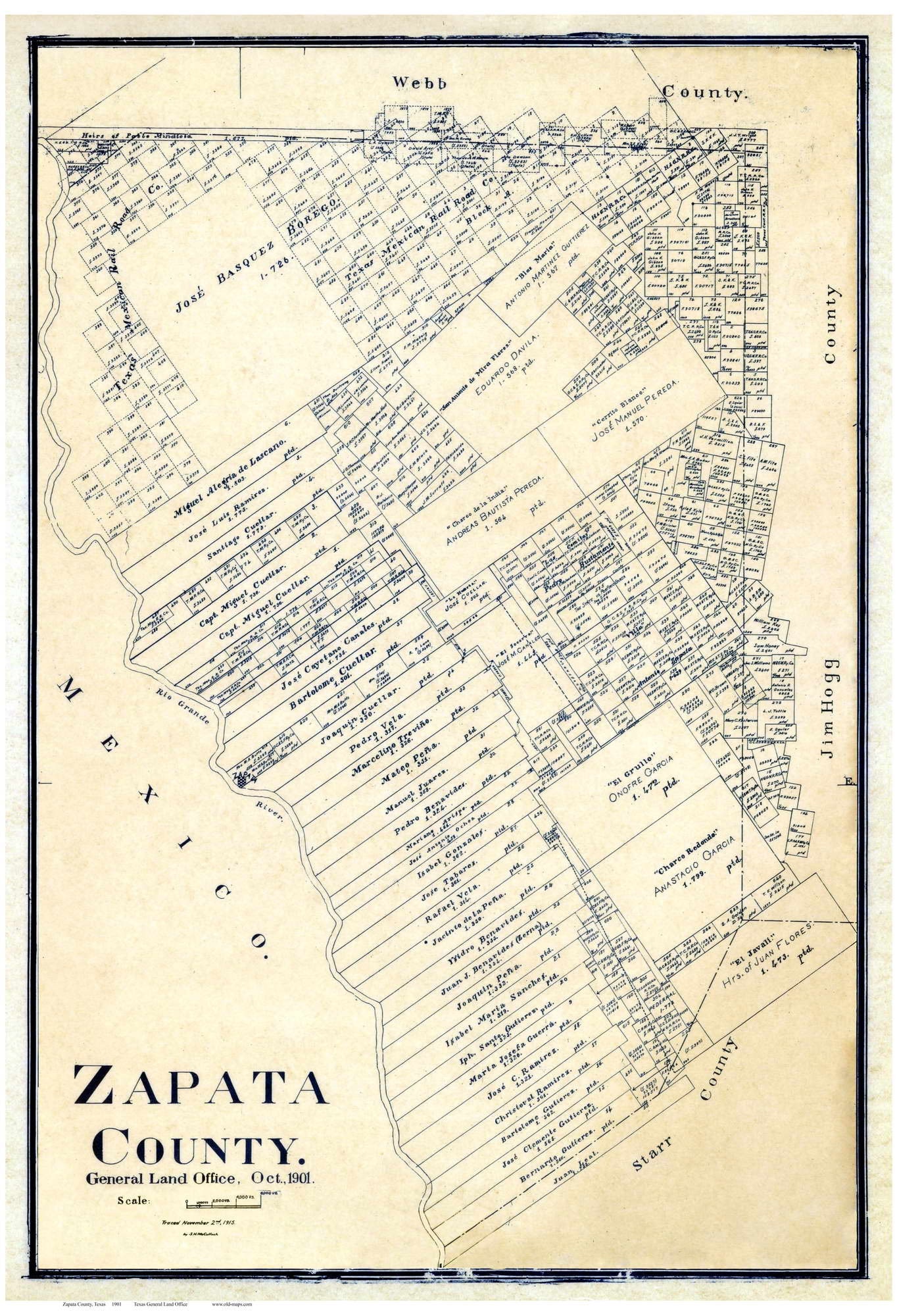 Zapata County, Texas 1901 Old Wall Map Reprint With Land Owners Names ...