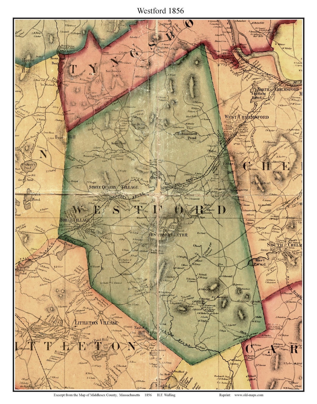 Westford 1856 Old Town Map With Homeowner Names Massachusetts Forge ...