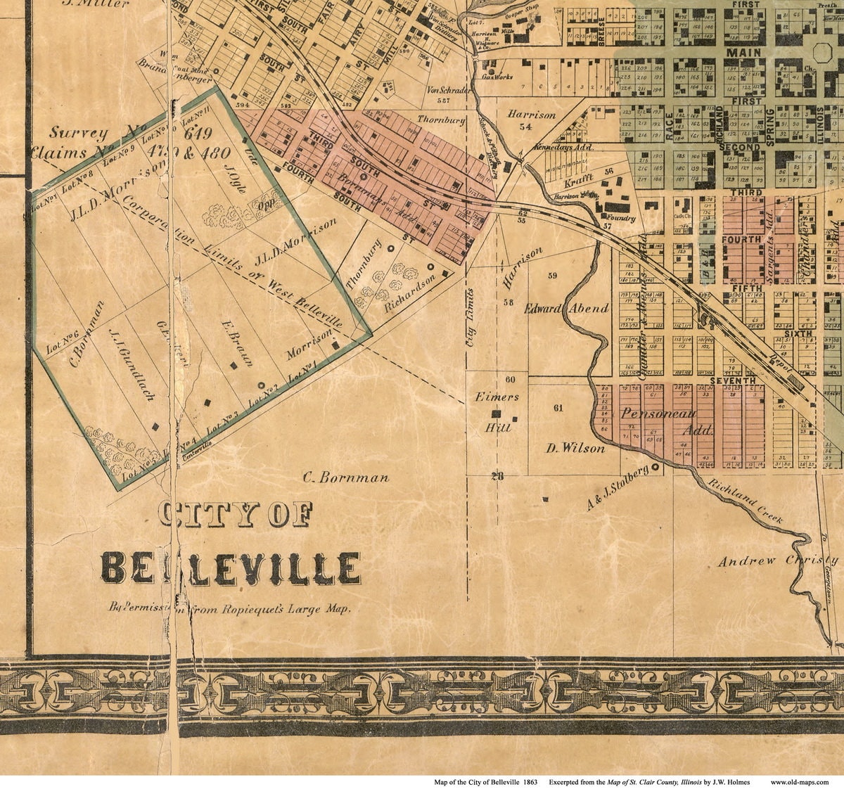 Belleville Village Illinois 1863 Old Town Map Custom Print | Etsy
