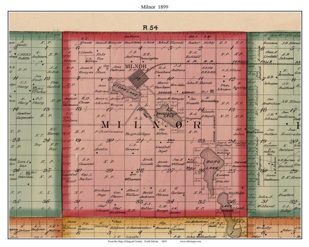 Milnor 1899 Old Town Map With Homeowner Names North Dakota - Reprint ...