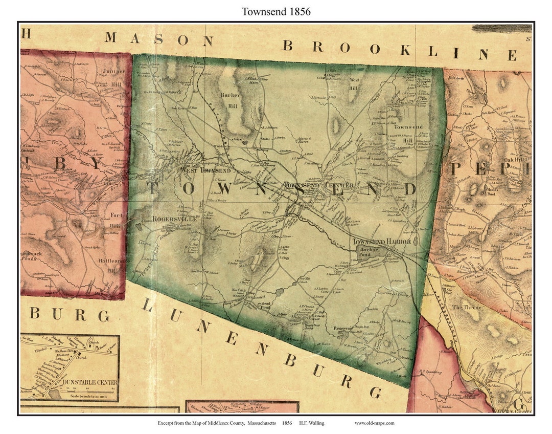 Townsend 1856 Old Town Map With Homeowner Names Massachusetts ...