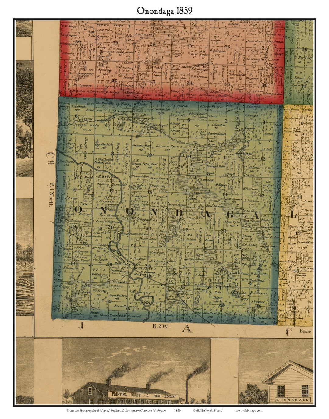 Onondaga 1859 Old Town Map With Homeowner Names Michigan - Reprint ...