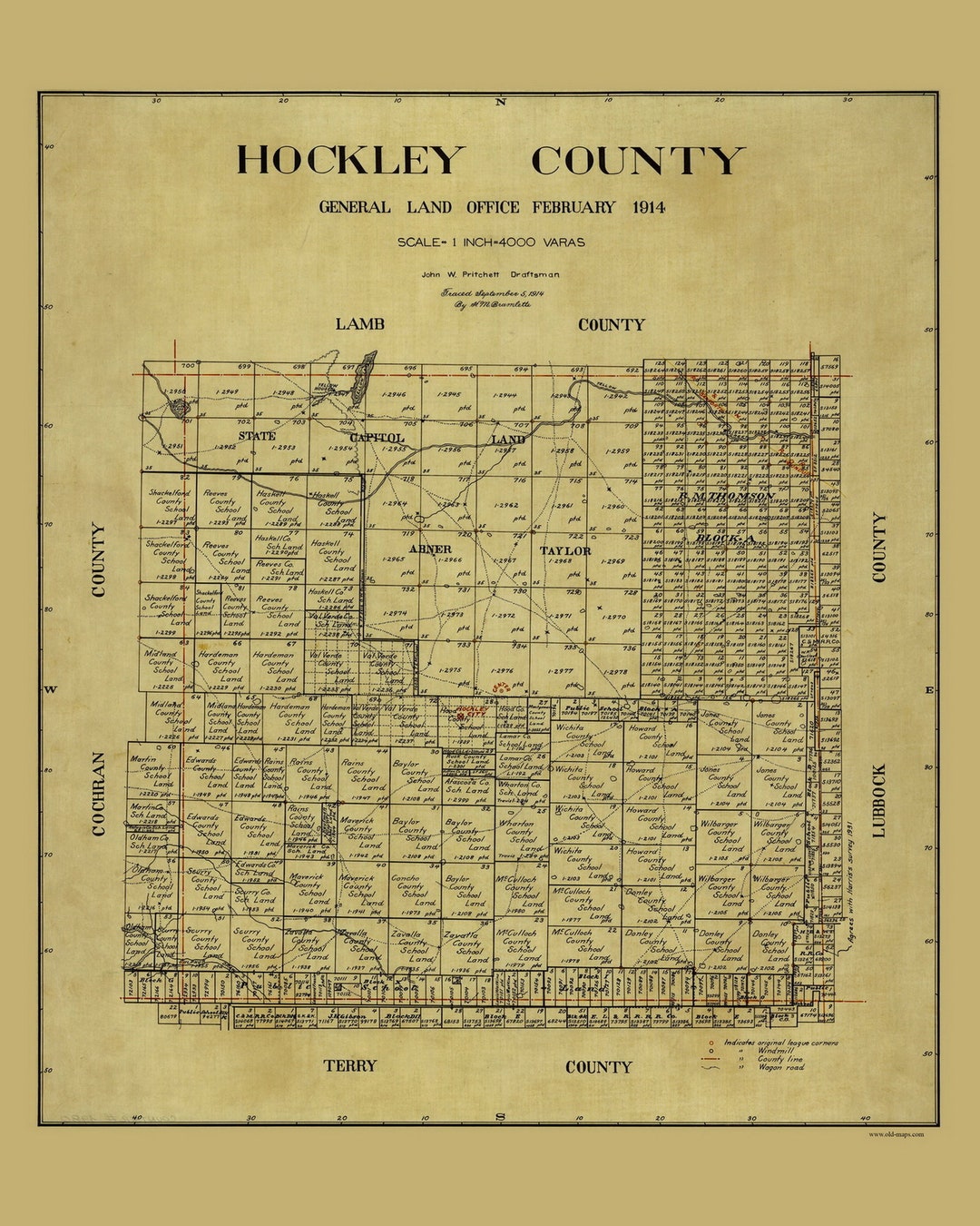 Hockley County, Texas - 1914 - Old Wall Map Reprint With Lot Lines ...