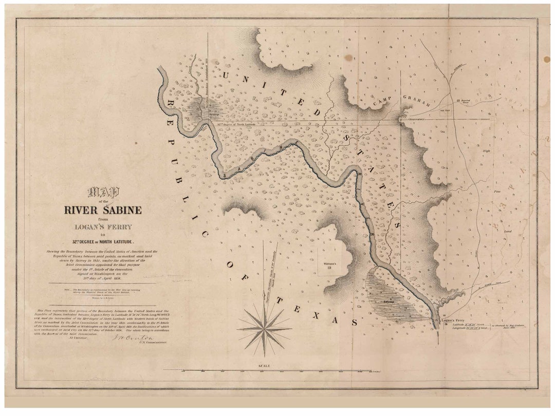 Sabine River Logans Ferry Texas 1841 Old Map USA and Texas Boundary ...