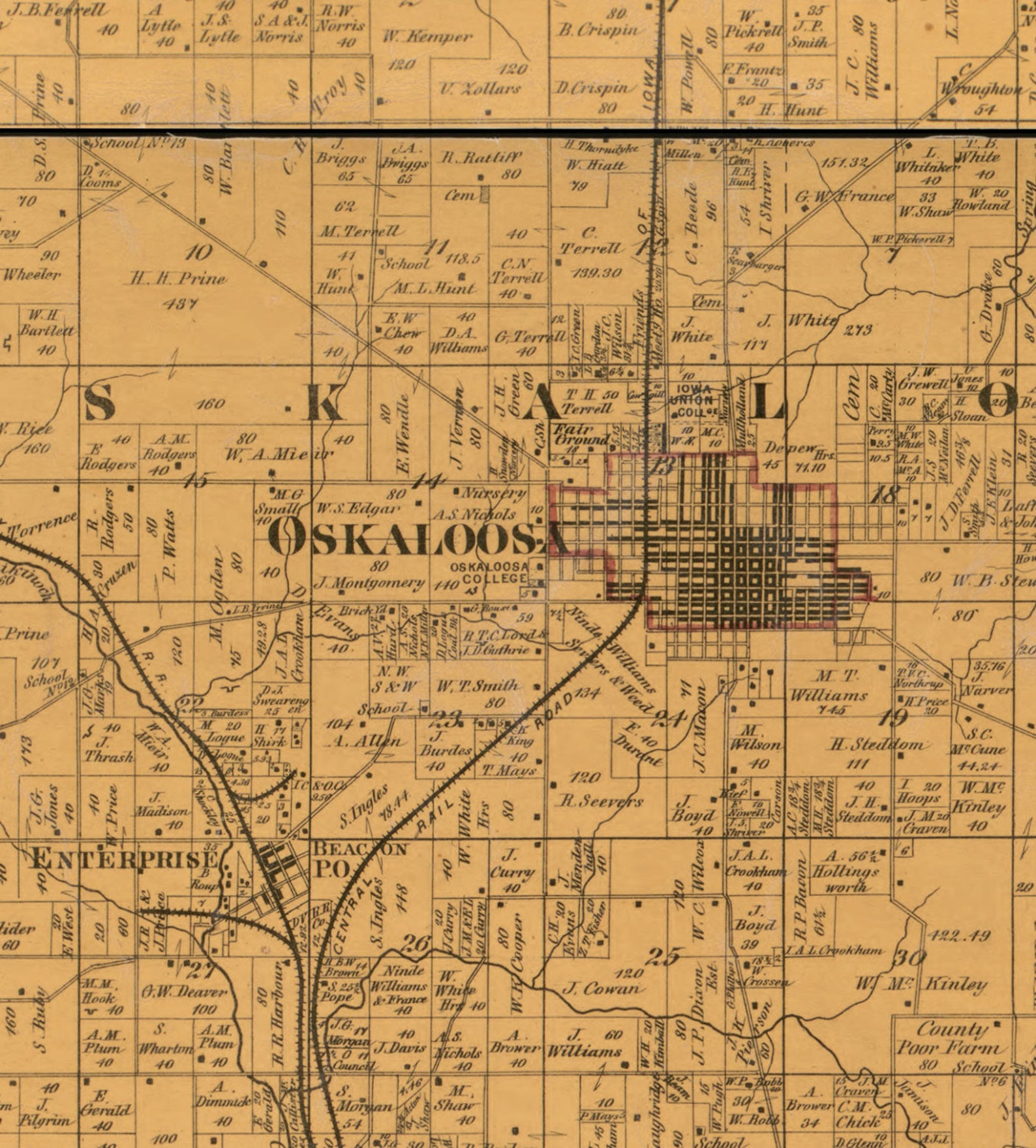 Mahaska County Iowa 1871 Old Wall Map With Landowner Names Farm Lines ...