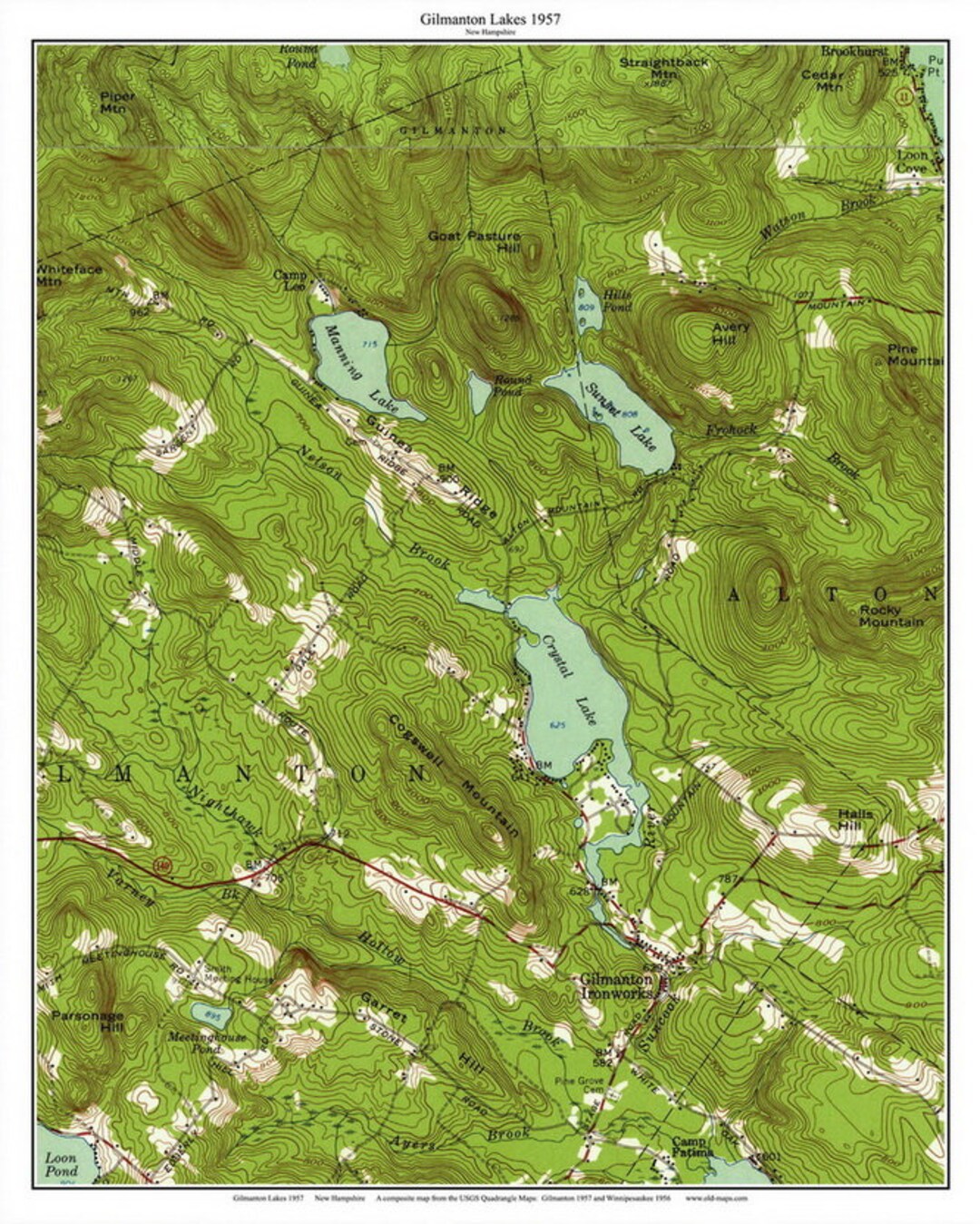 Gilmanton Lakes 1957 Old Topographic Map Manning Sunset Crystal Lakes ...