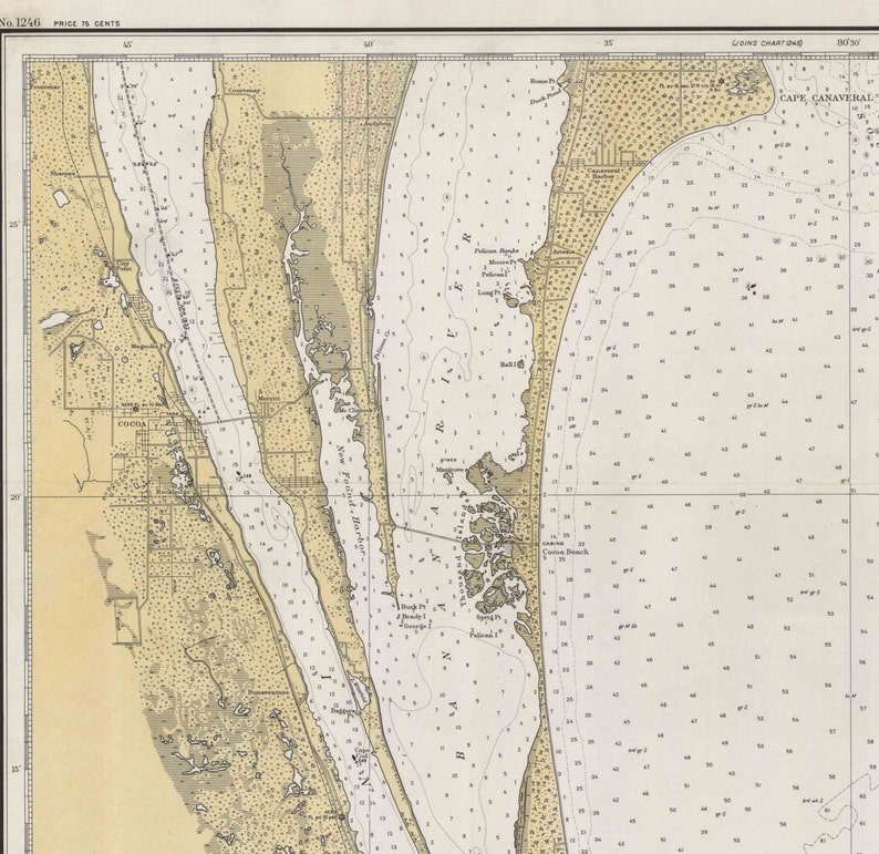 Cape Canaveral to Bethel Shoal 1933 Nautical Map Florida 80000 | Etsy