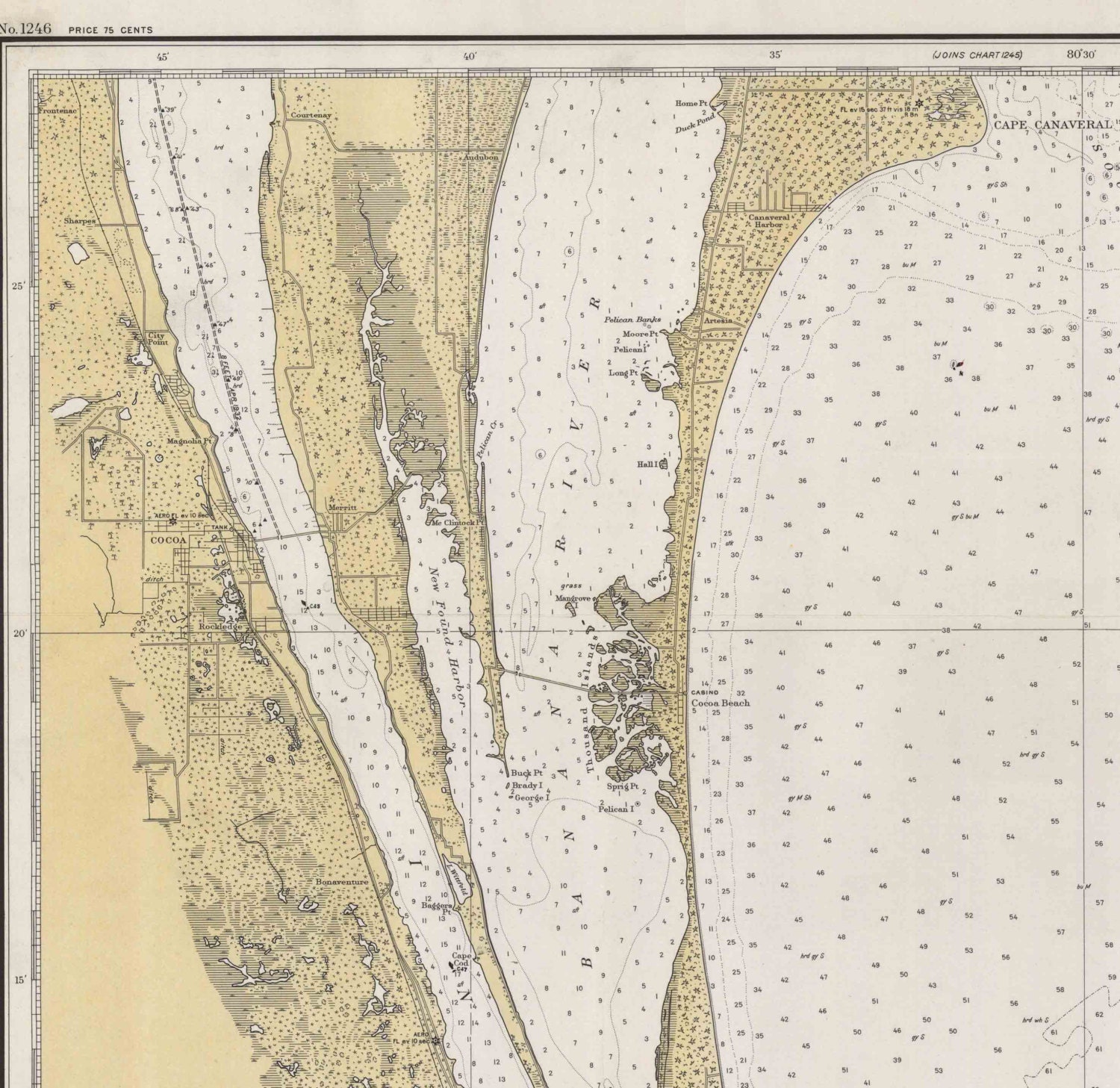 Cape Canaveral to Bethel Shoal 1933 Nautical Map Florida 80000 - Etsy