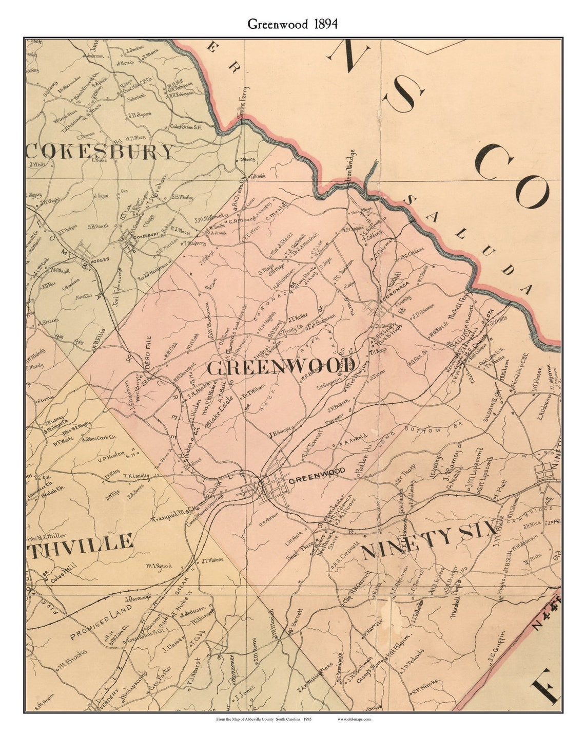 Greenwood 1894 Old Town Map With Homeowner Names South Carolina ...