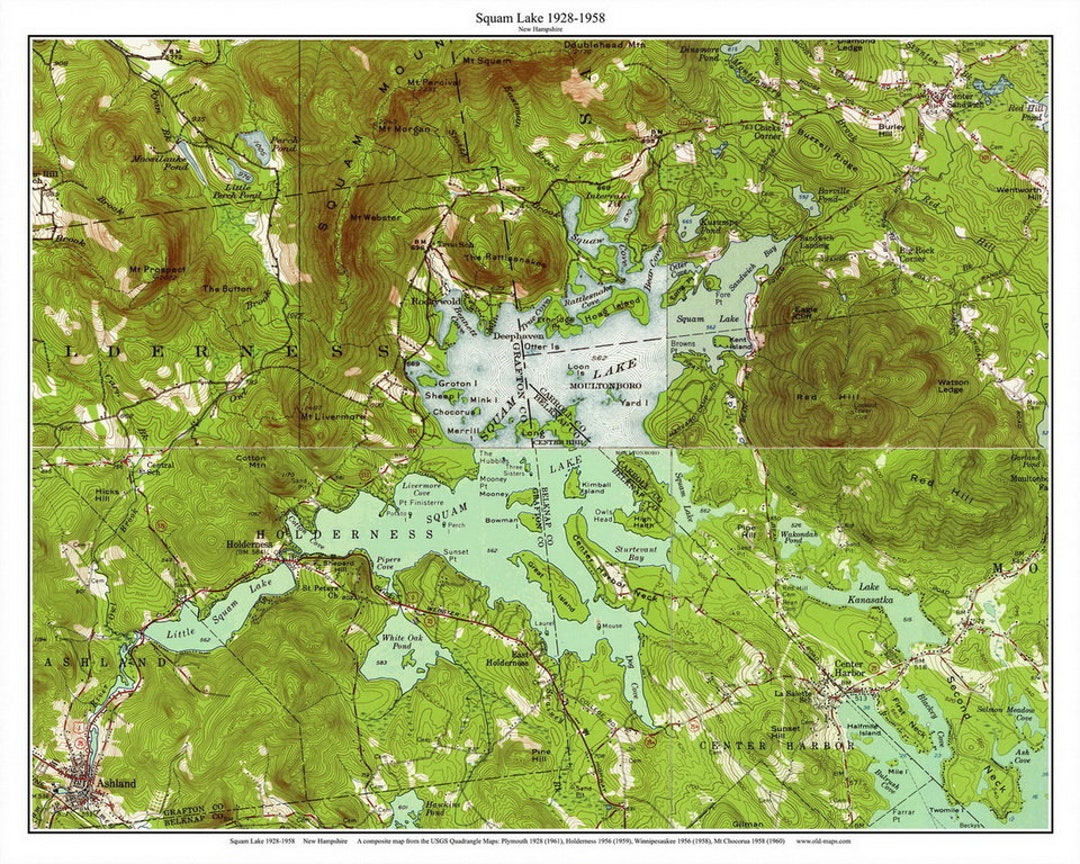 Squam Lake - Ca 1928-1958 Old Topographic Map USGS 15x15 Custom ...
