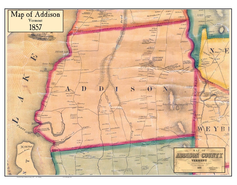 Addison 1857 Old Town Map With Homeowner Names Vermont Reprint Addison ...